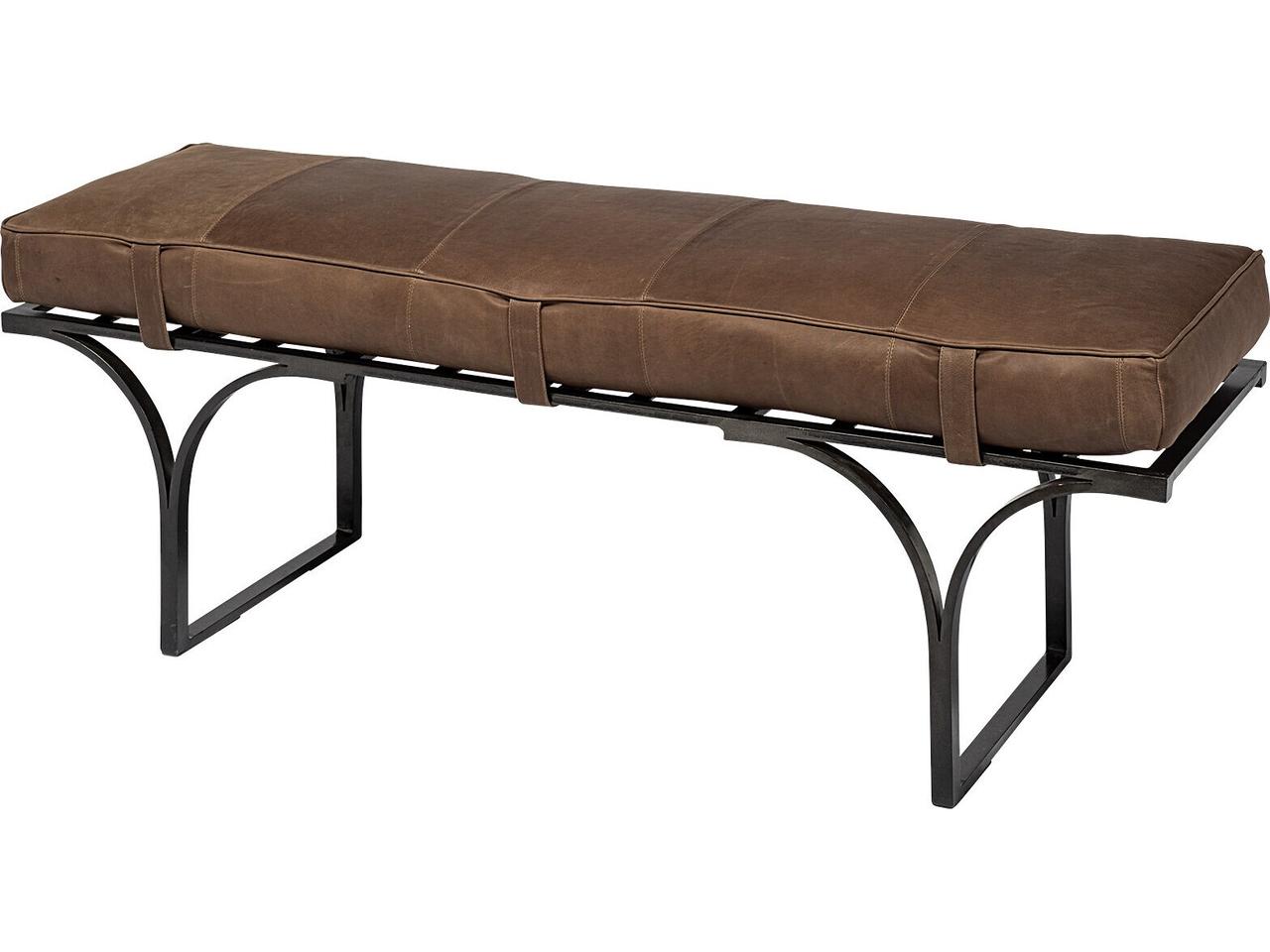 Mercana Jessie Brown Leather Accent Bench — Black Metal Base 55 Inch ...