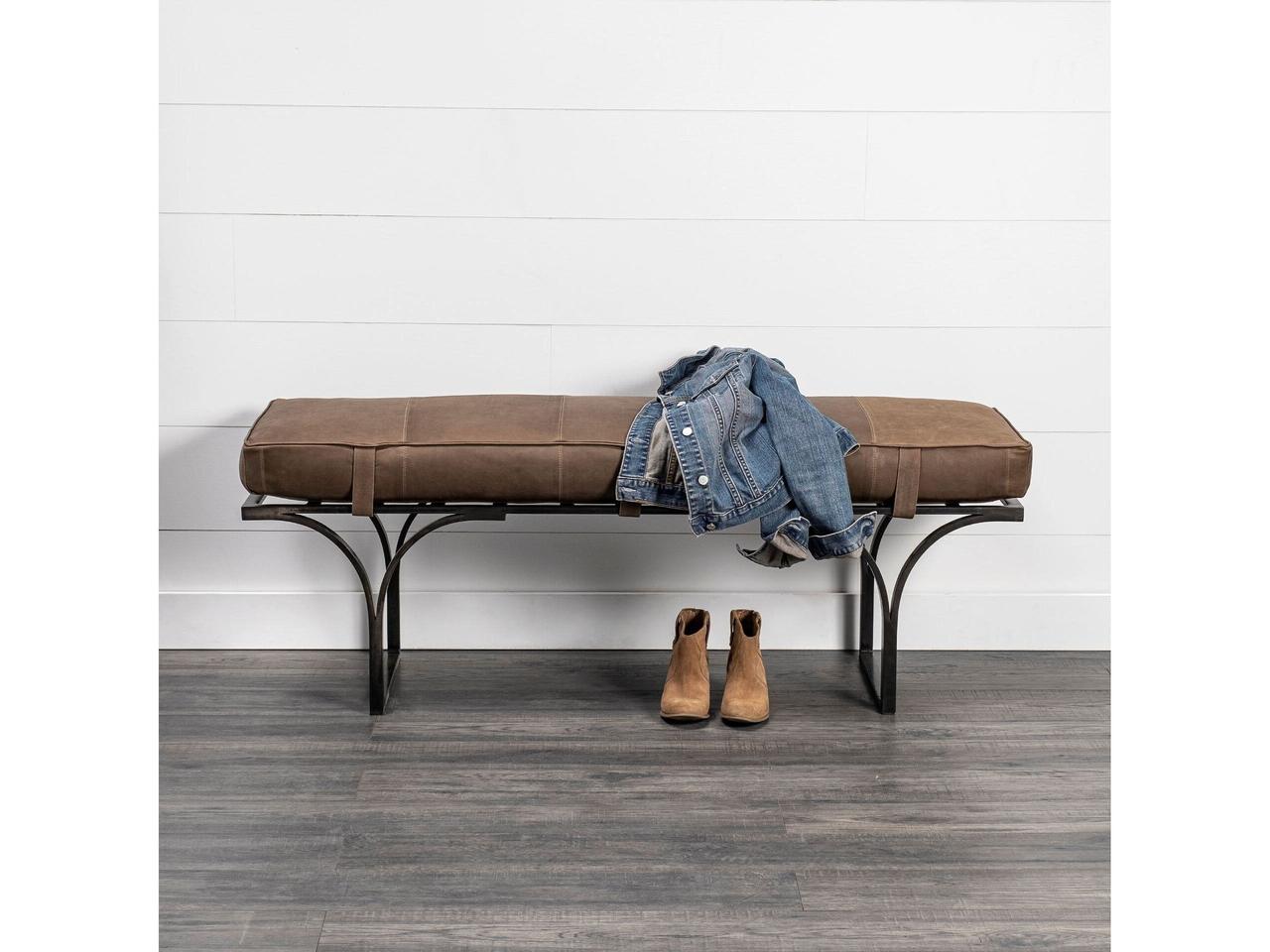 Mercana Jessie Brown Leather Accent Bench — Black Metal Base 55 Inch ...
