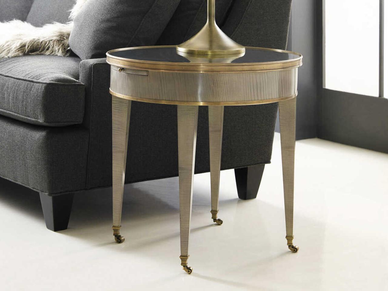 Modern History Home Tuxedo Round End Table — Grey Sycamore Mirrored Top ...