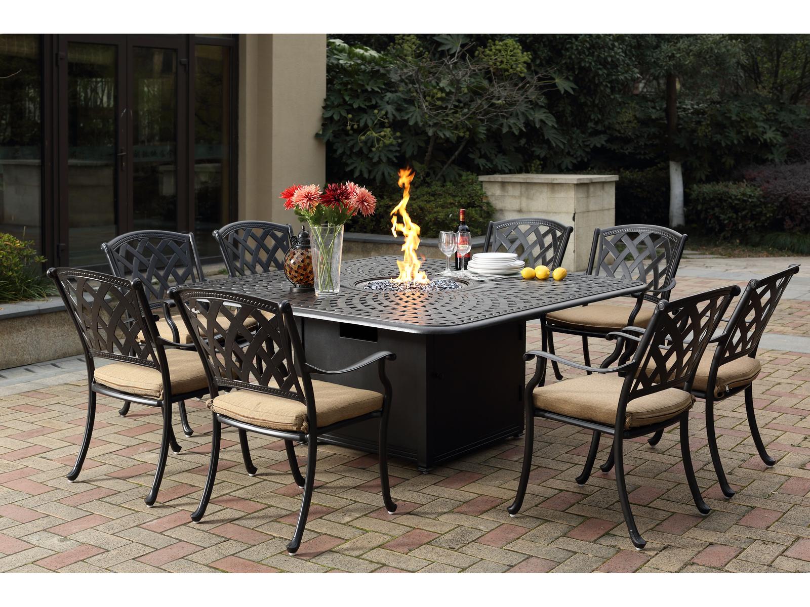 Darlee Ocean View 9-Piece Propane Fire Pit Dining Set with 64-Inch ...