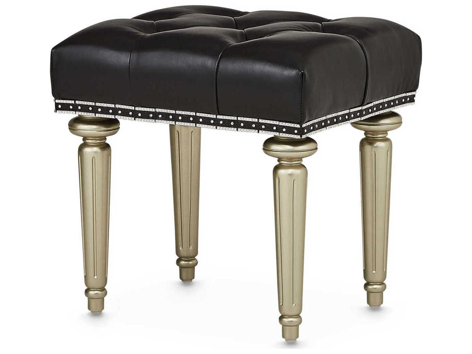 Michael Amini Hollywood Swank Platinum Black Leather Accent Stool ...