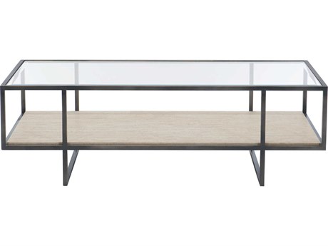 Bernhardt Freestanding Occasional Harlow Rectangular Glass Bronze White Travertine Stone Clear Cocktail Table BH514021