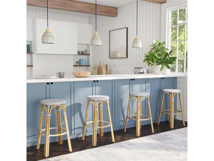 Butler Tobias White Sky Blue Dot Rattan Bar Stool | BT9370194