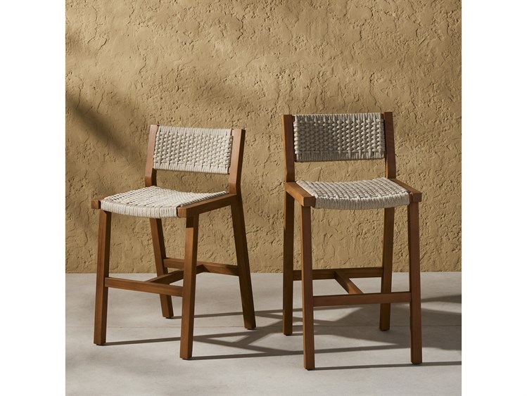 Four Hands Outdoor Solano Delano Natural Teak Rope Bar Stool in Ivory ...