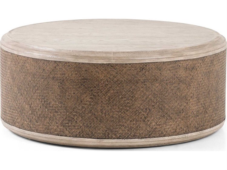 Four Hands Hughes Kiara Round Wood Weathered Blonde Pine Rustic Rattan ...