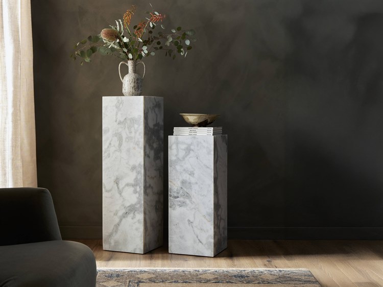 Four Hands Rockwell Square White And Grey Speckled Marble End Table ...