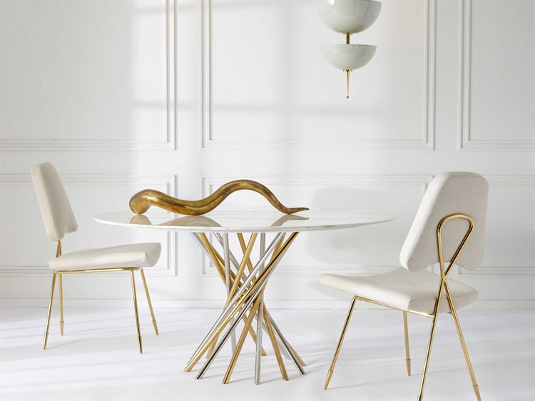 Jonathan Adler Electrum Round White Marble Brass Nickel Dining Table | JON27584