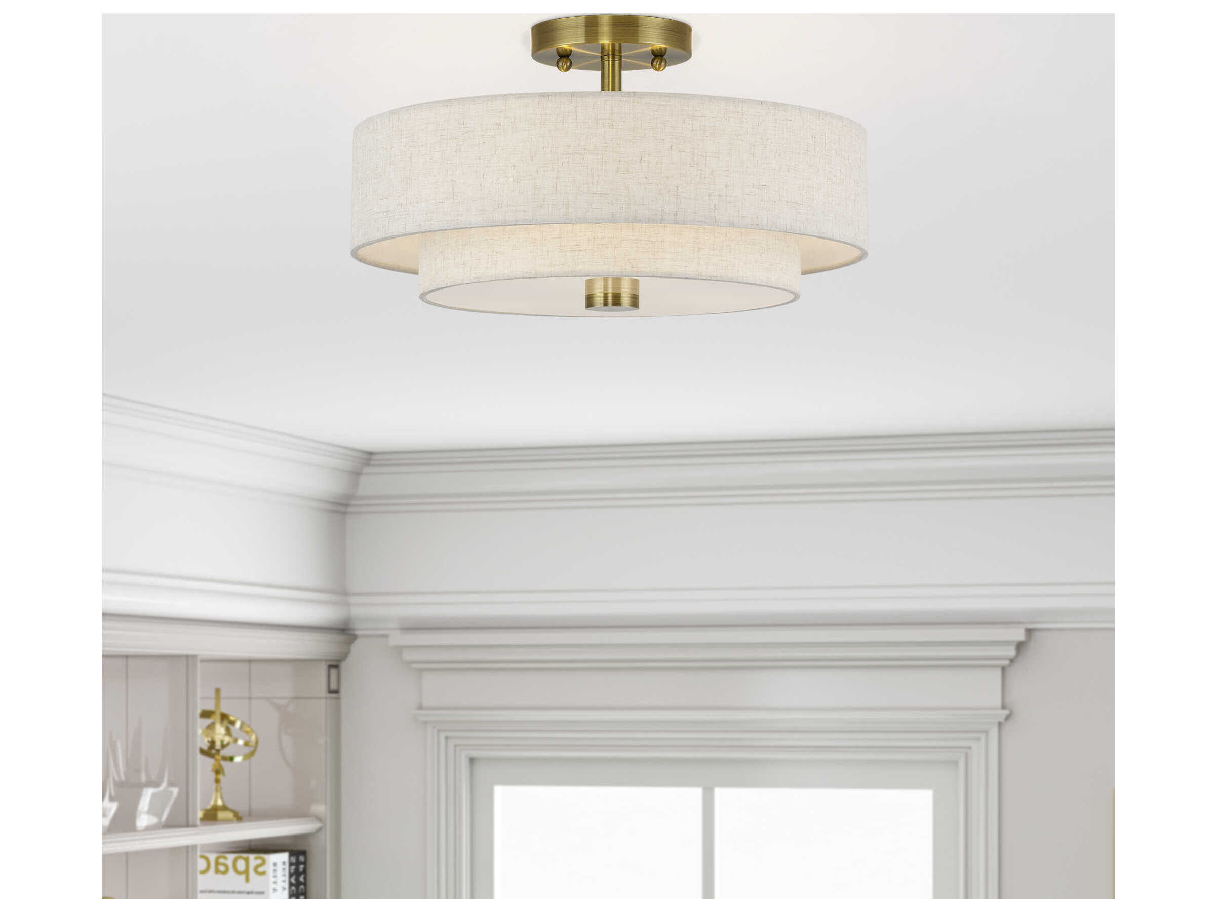 Livex Lighting Monroe 3-Light Antique Brass Drum Semi Flush Mount ...