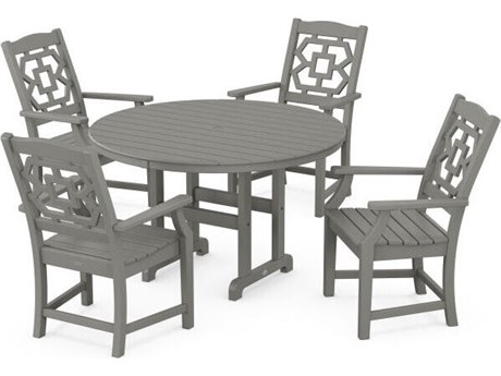 POLYWOOD Chinoiserie 5 Piece Round Farmhouse Dining Set in Black