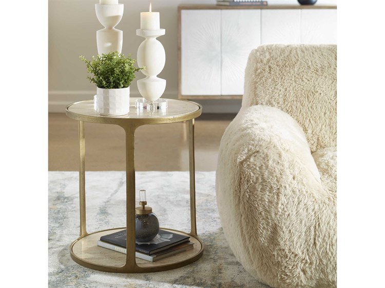 Uttermost Clench Round Stone Antique Brass End Table | UT22968