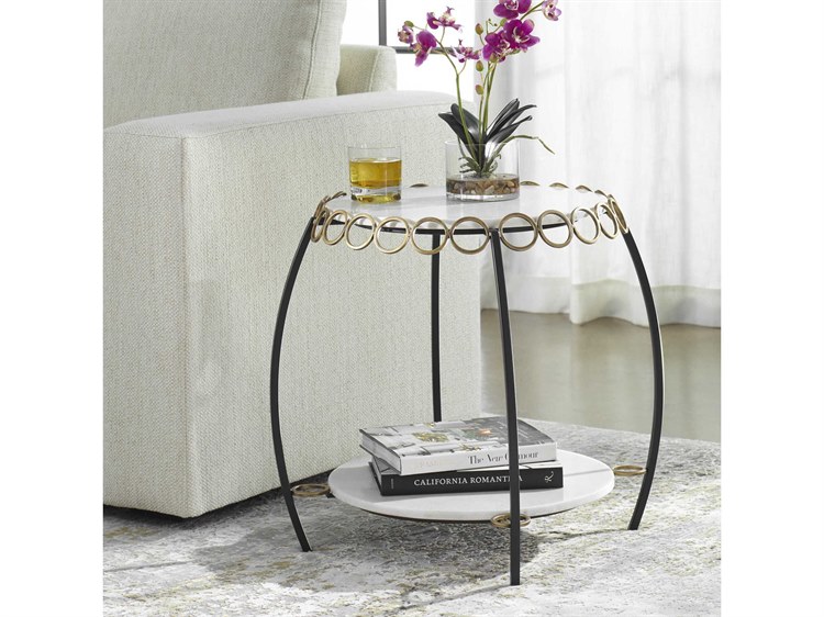 Uttermost Chainlink Round Marble Matte Black White End Table | UT22974