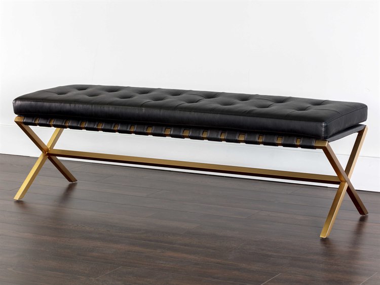 Sunpan Ikon Bravo Black Brushed Gold Faux Leather Accent Bench | SPN105363