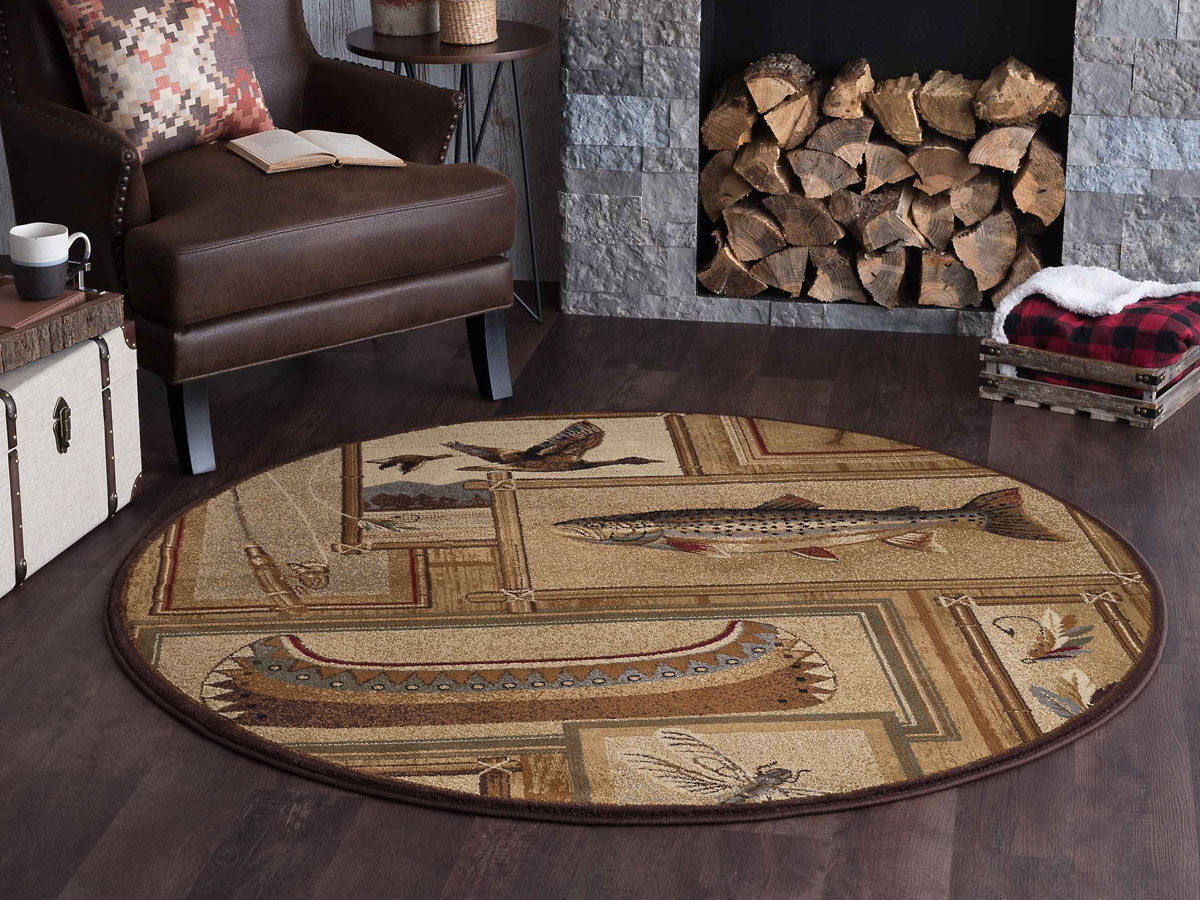 Tayse Rugs Nature Trout Fishing Ivory Round Area Rug | TANTR6602ROU